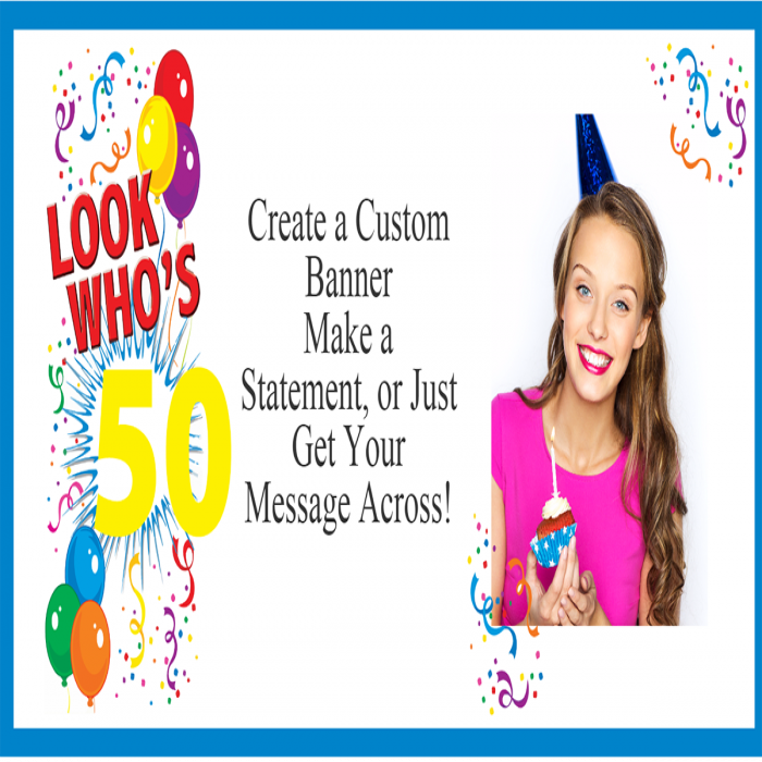Look Who's 50 Custom Photo Banner - 18 x 36 | GlowUniverse.com